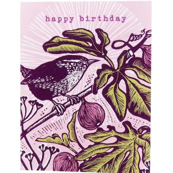 Wren and Fig Happy Birthday Linocut Card By Hawk and Rose Press at ...