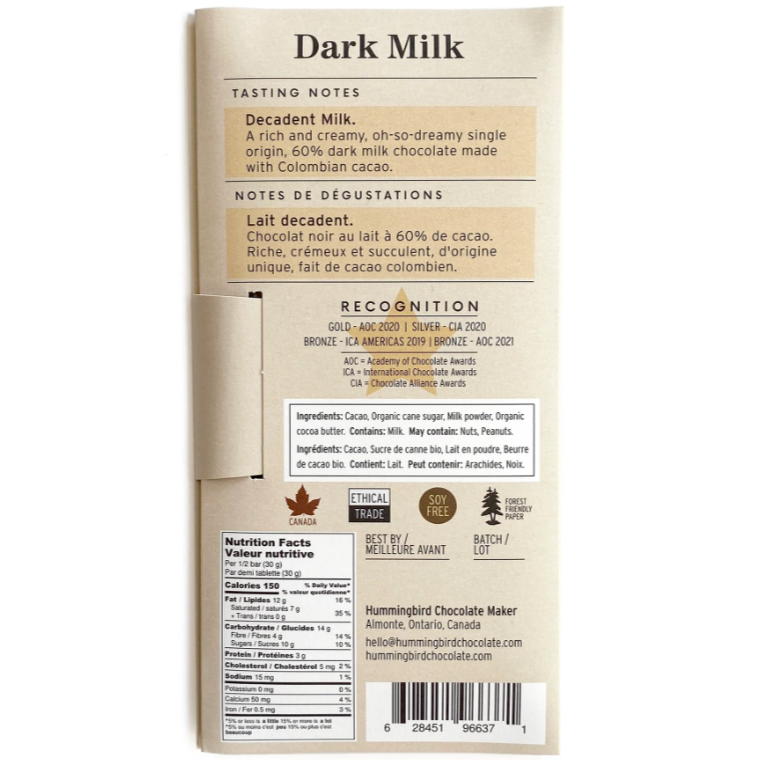 60% Dark Milk Chocolate by Hummingbird Chocolate Maker at Maker House Co.
